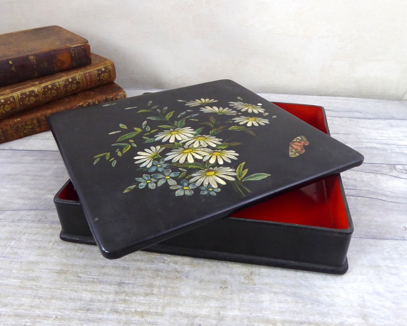Antique Black Lacquer Wood Handkerchief Box / Butterful and Daises ...