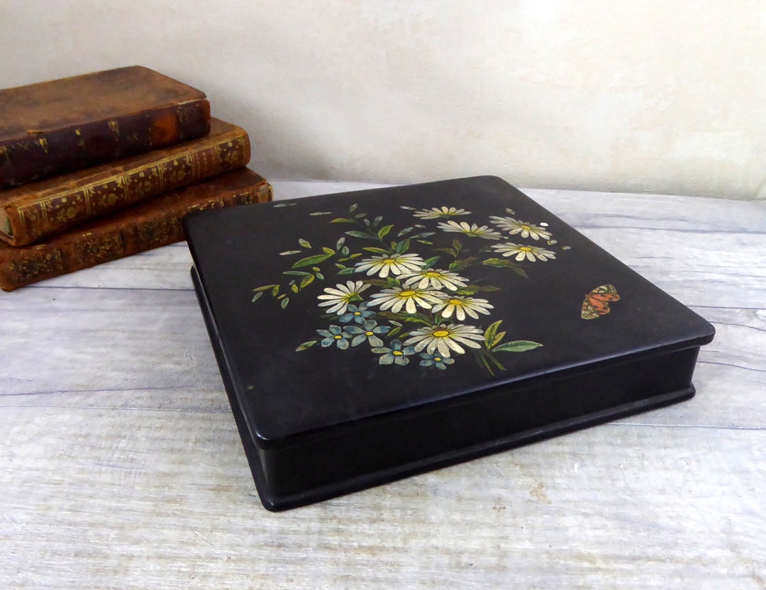 Antique Black Lacquer Wood Handkerchief Box / Butterfly and Daises ...