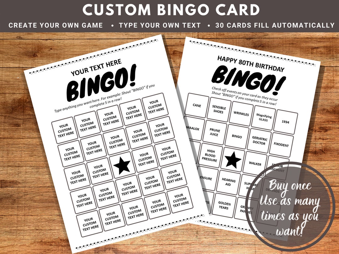 CUSTOM BINGO Card-autofill Bingo Sheet-personalize Your Bingo-30 ...
