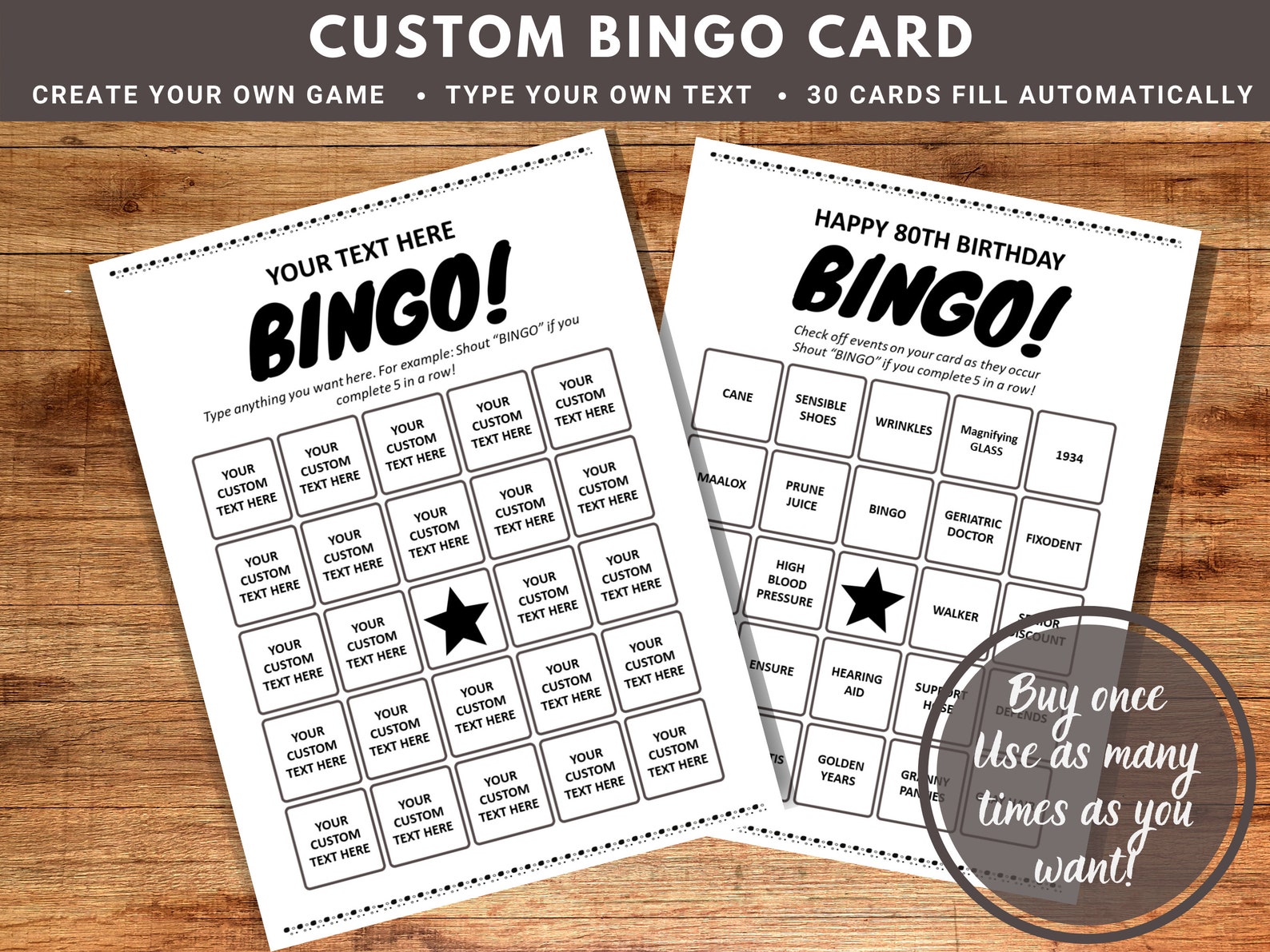 CUSTOM BINGO Card-autofill Bingo Sheet-personalize Your Bingo-30 ...