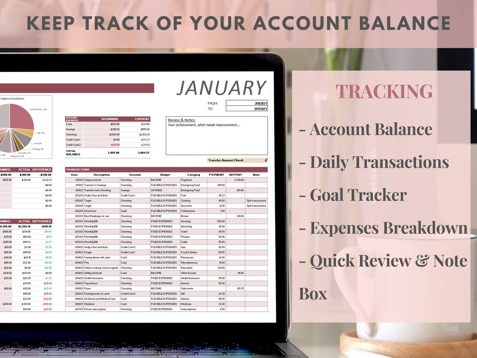 MONEY Management-simple Monthly Budget Excel Template-account Balance ...