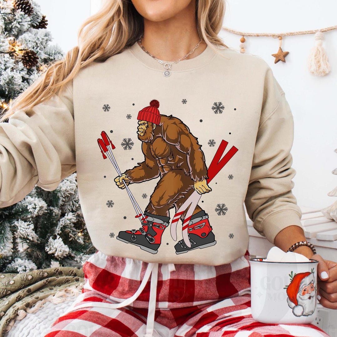 Bigfoot Skiing Christmas Sweater for Skier, Santa Hat Sasquatch Shirt ...