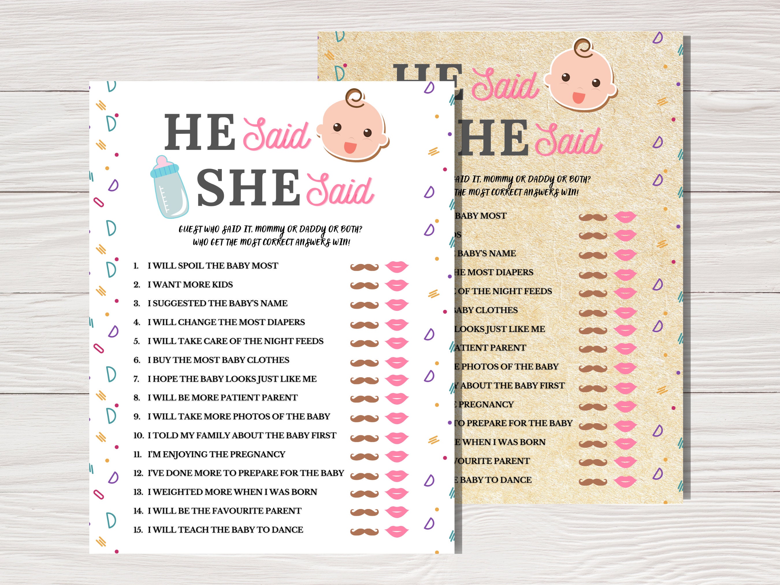 He Said She Said Game Printable, Printable Baby Shower Game, Mom or Dad ...