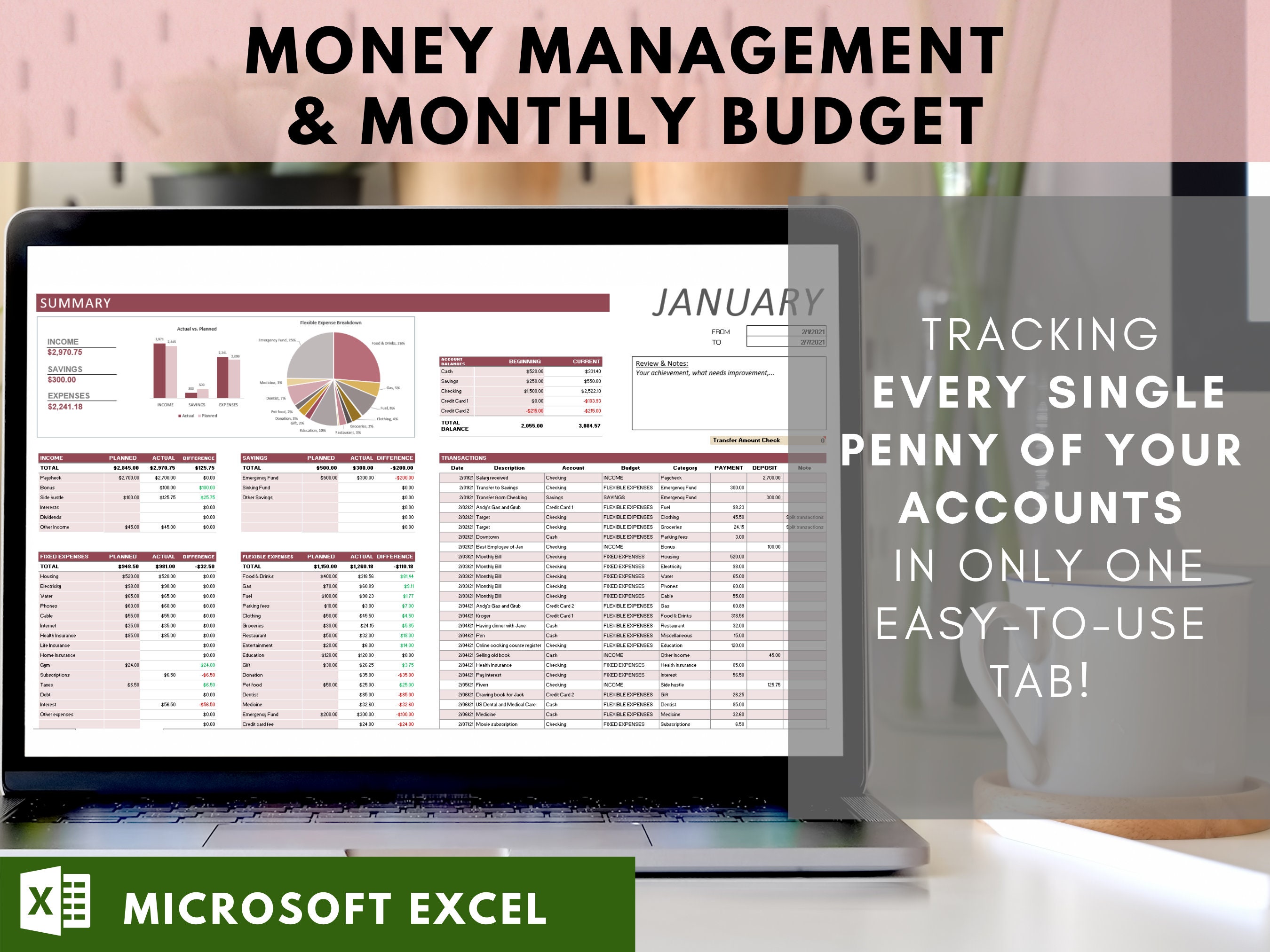 MONEY Management-simple Monthly Budget Excel Template-account Balance ...