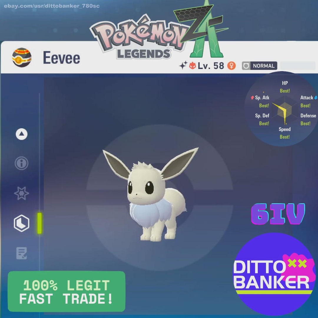 Legends Z-A Shiny Alpha EEVEE Lv.58 Female Adamant 6IV Max EV Fast ...