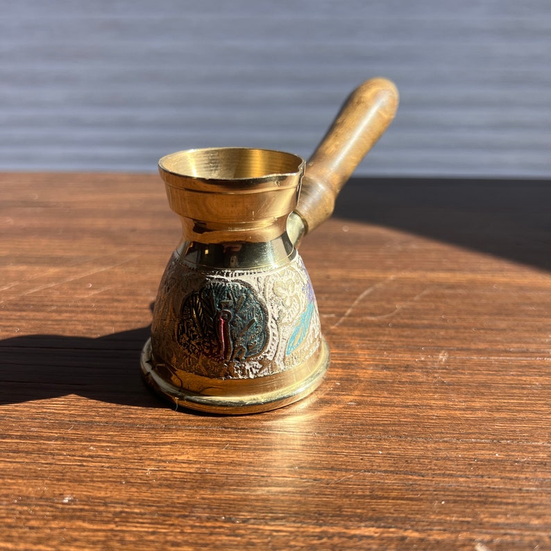 Small Vintage Brass Cezve: Hand-painted White Design, Hand-hammered ...