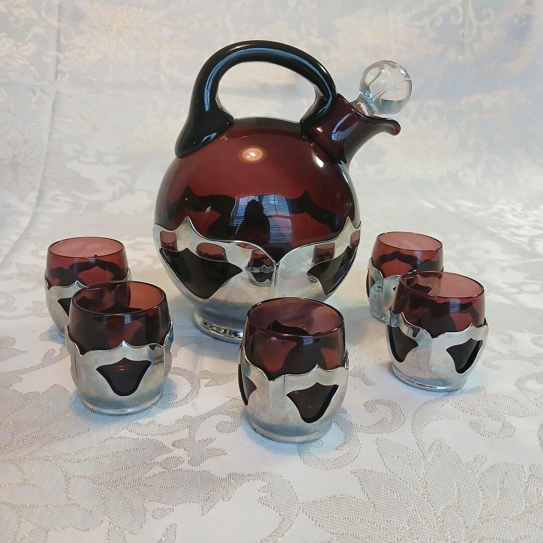 Art Deco Farber Brothers Amethyst Blown Glass and Chrome Decanter Set ...