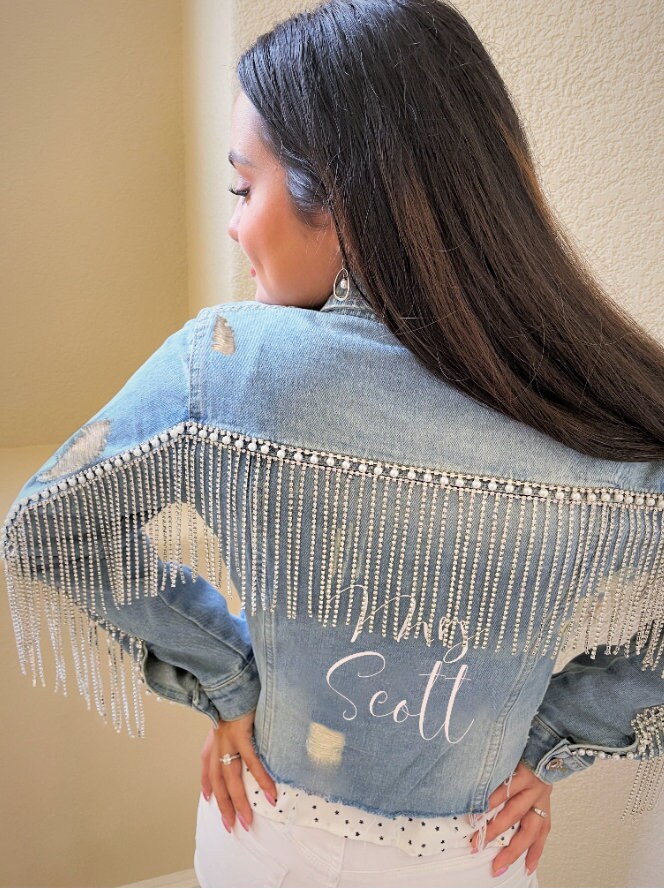 Denim Jacket Custom Full Rhinestone Fringe Bridal Jean - Etsy