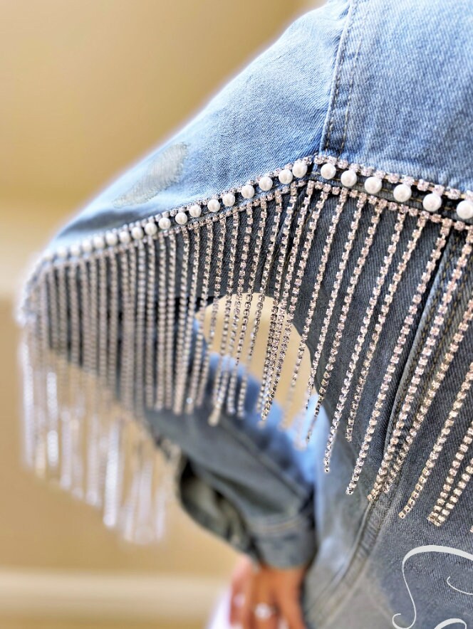 Denim Jacket Custom Full Rhinestone Fringe Bridal Jean - Etsy