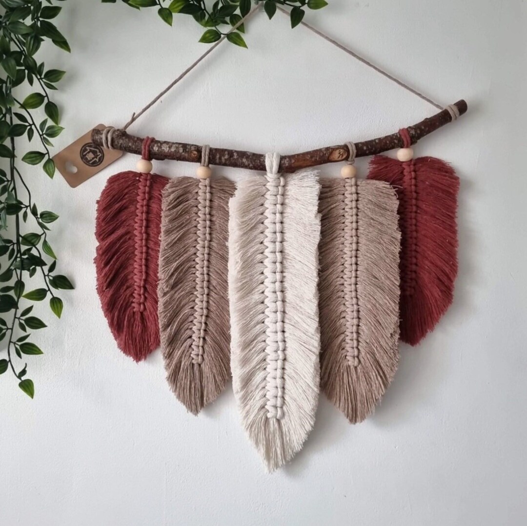 Macrame 5 Feather Hanging, Macrame Leaves, Macrame Wall Hanging, Boho ...
