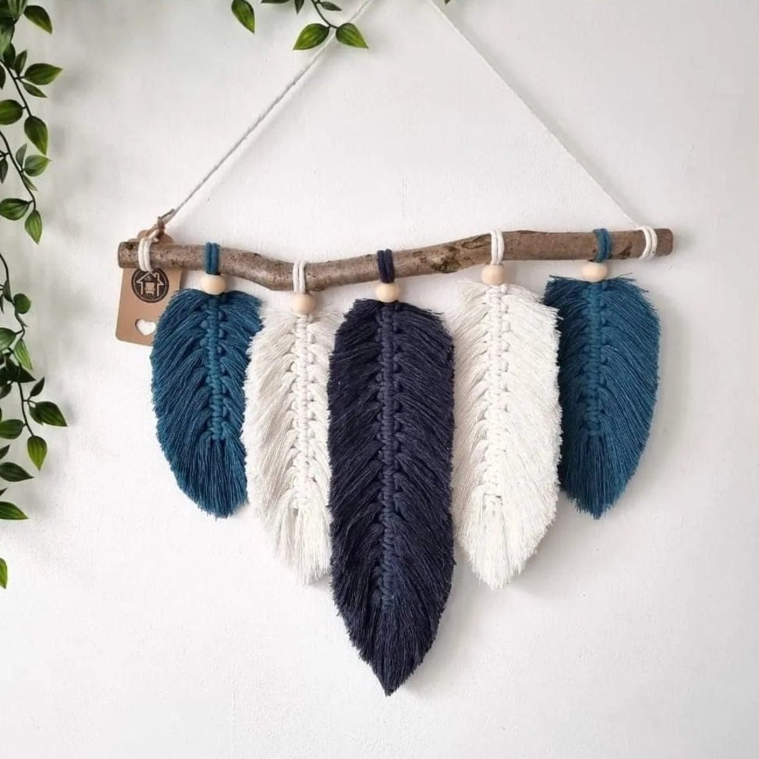 Macrame 5 Feather Hanging, Macrame Leaves, Macrame Wall Hanging, Boho ...