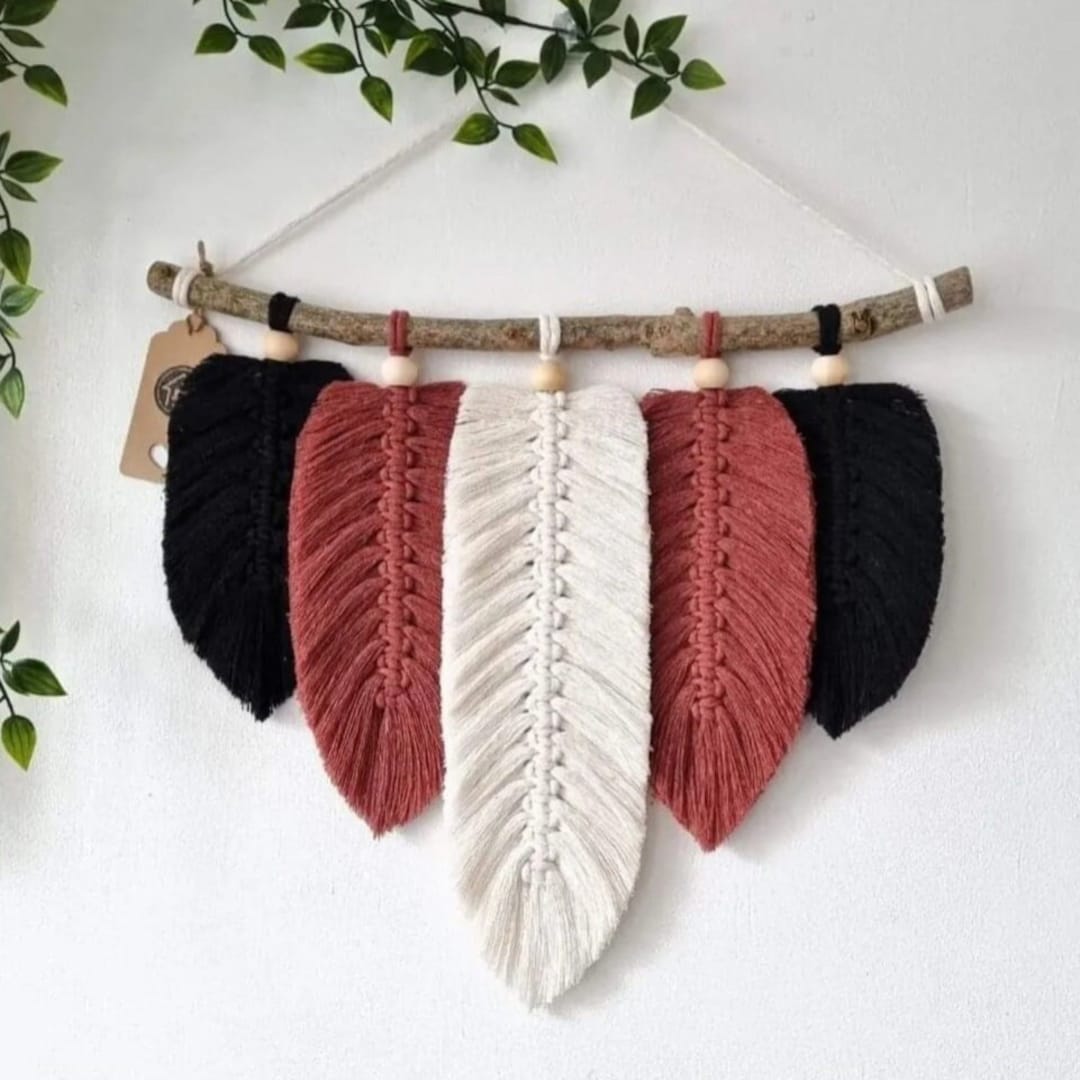 Macrame 5 Feather Hanging, Macrame Leaves, Macrame Wall Hanging, Boho ...