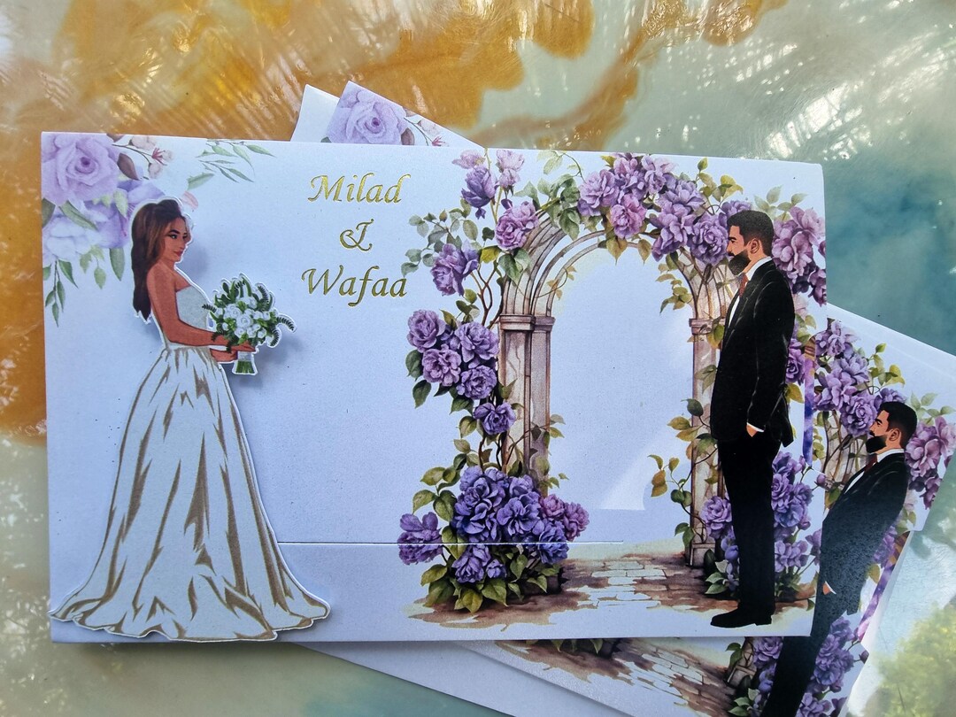 Watercolor Sliding Bride Wedding Invitation, Customize Faces, Gold Foil ...