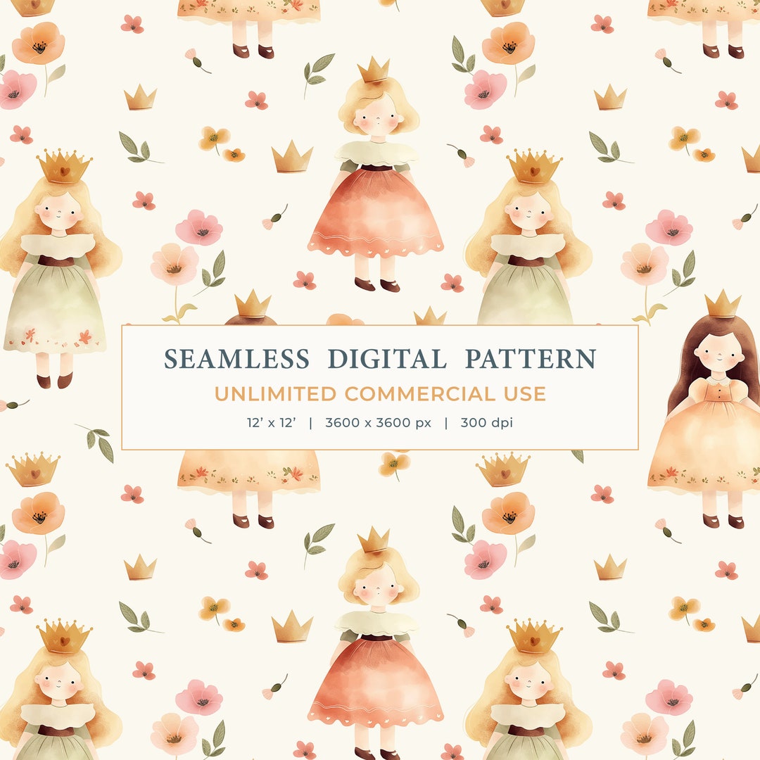 Cute Little Princesses Watercolor Digital Seamless Pattern Commercial ...