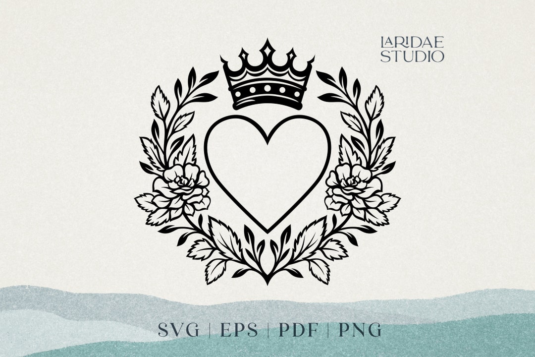 Corazón con corona y rosas Marco SVG, Monogram Vector Clipart, Corazón ...