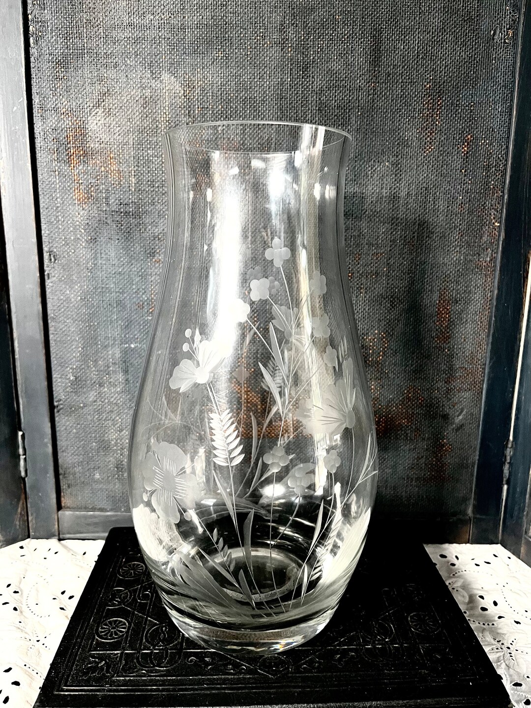 Romanian Glass Lead Crystal Vase | Etched and Frosted Leaves & Flowers ...