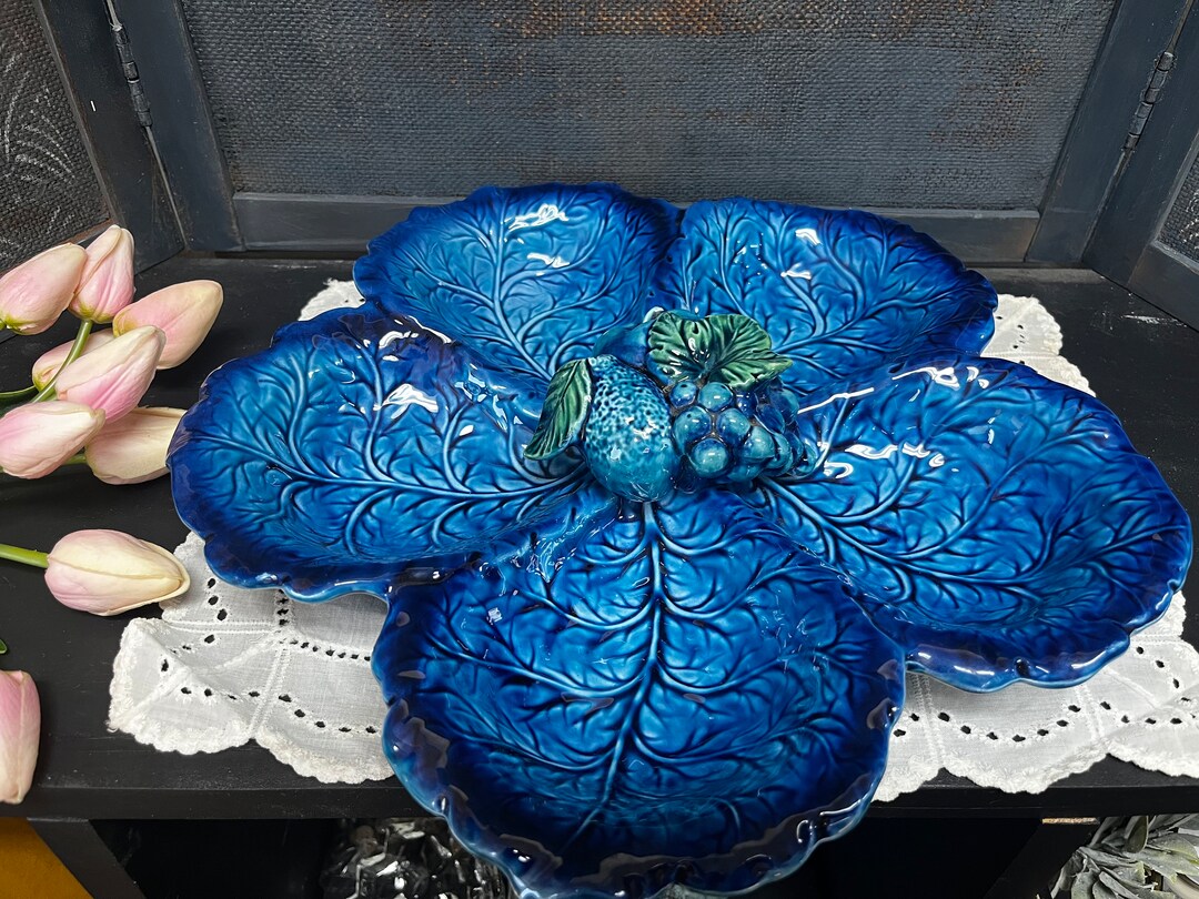 Vintage Large Indigo Majolica Divided Tray With Figural Fruit - Marked ...