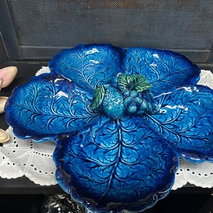Vintage Large Indigo Majolica Divided Tray With Figural Fruit - Marked ...