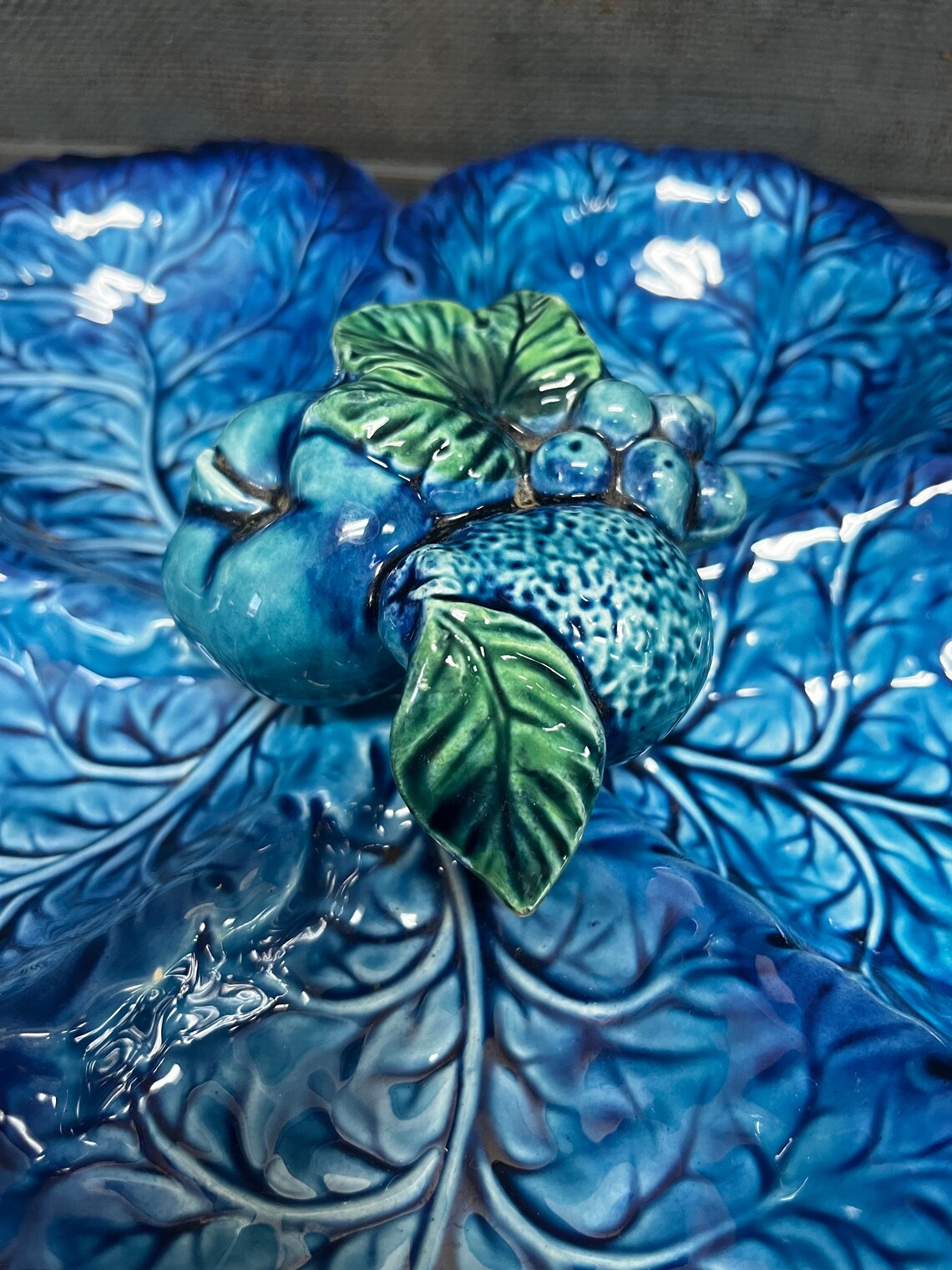 Vintage Large Indigo Majolica Divided Tray With Figural Fruit Marked ...