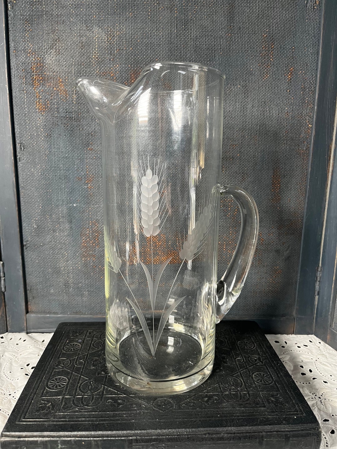 Vintage Blown Glass Water Pitcher | Rare Etched Wheat Pattern - Etsy