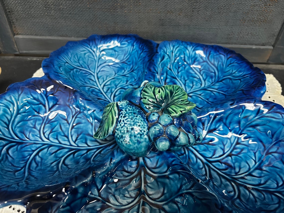 Vintage Large Indigo Majolica Divided Tray With Figural Fruit Marked ...