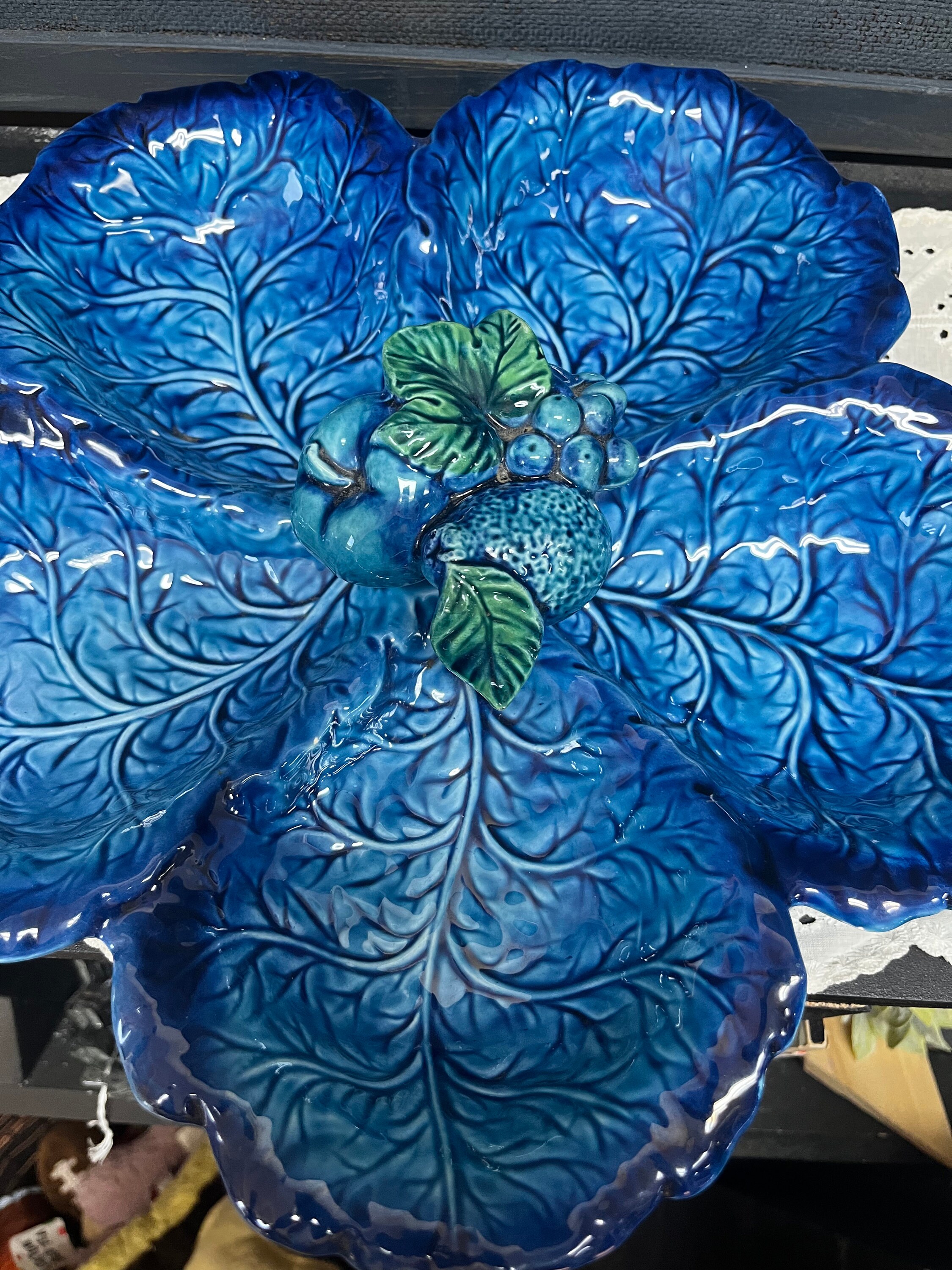 Vintage Large Indigo Majolica Divided Tray With Figural Fruit Marked ...
