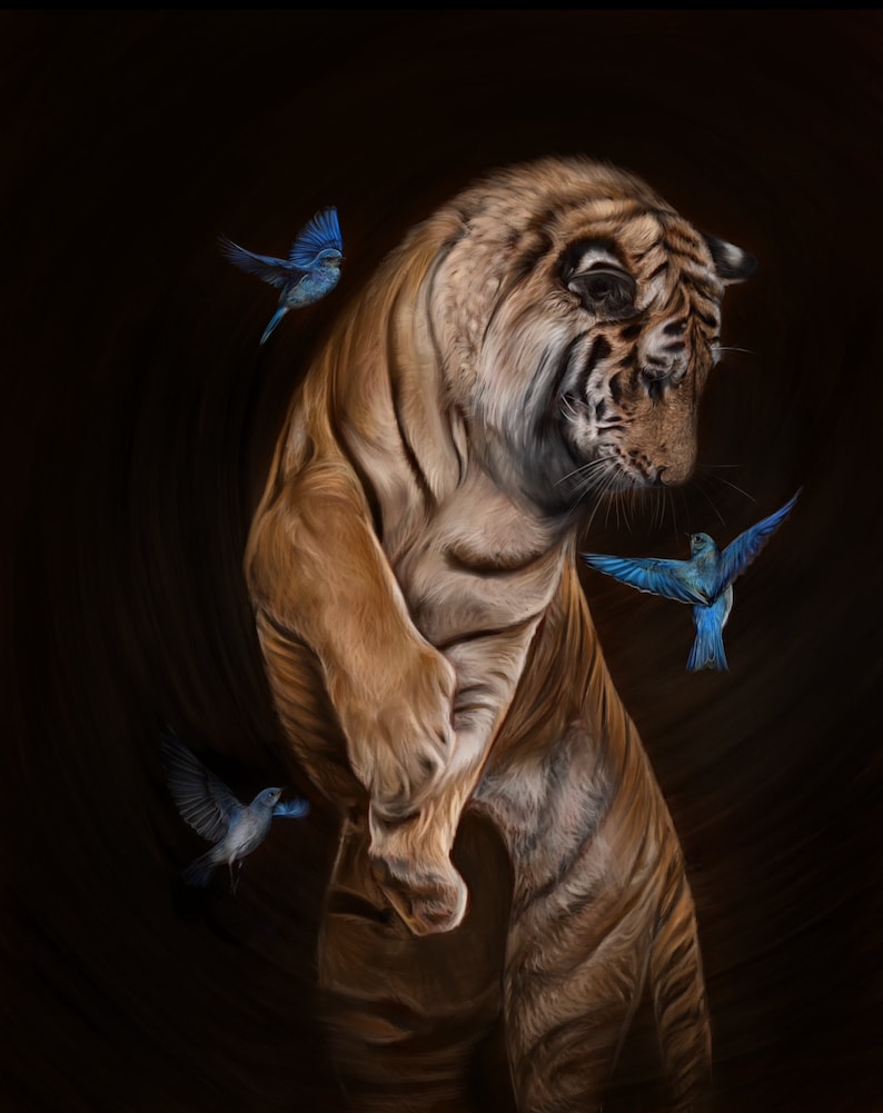 Tiger and Blue Birds- Tiger Animal Art Print With Birds, Realism ...