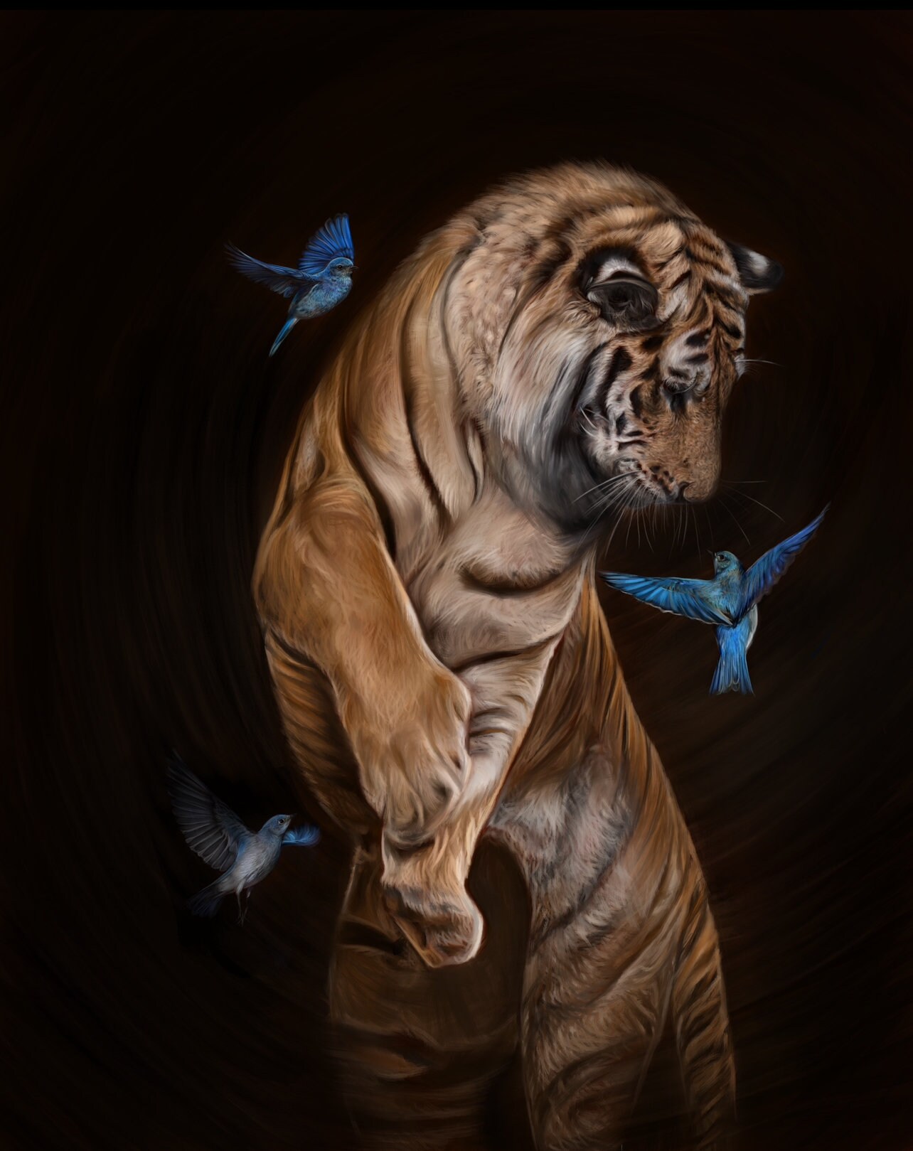Tiger and Blue Birds- Tiger Animal Art Print With Birds, Realism ...
