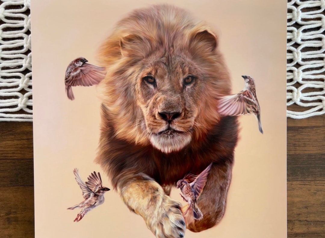 Lion and Birds Art Print- Lion Art Wall Decor Surreal Animal Bird Art ...