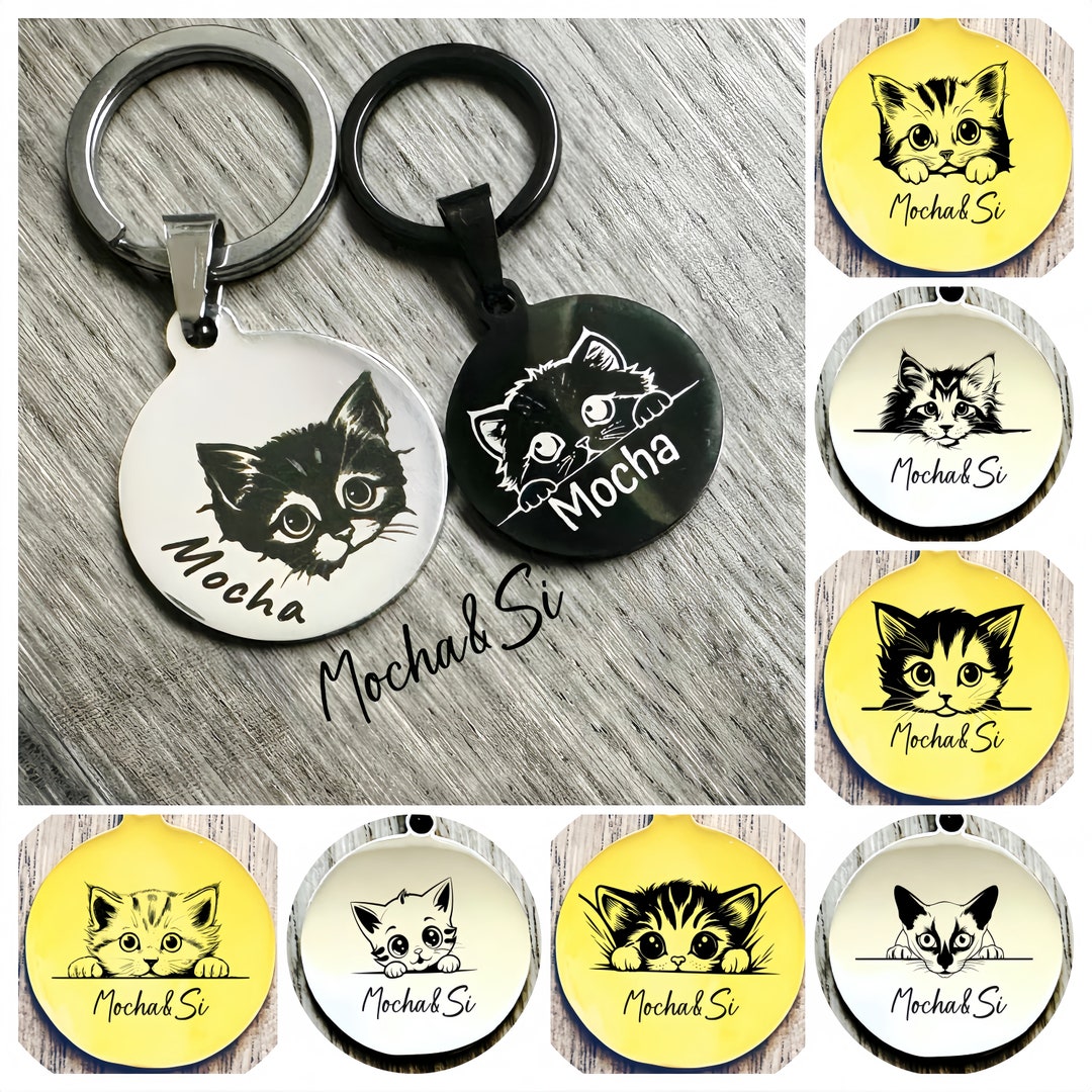 Personalized Engraved Cat Tag, Peeking Kitten Tag, Silhouette Cat Tag ...