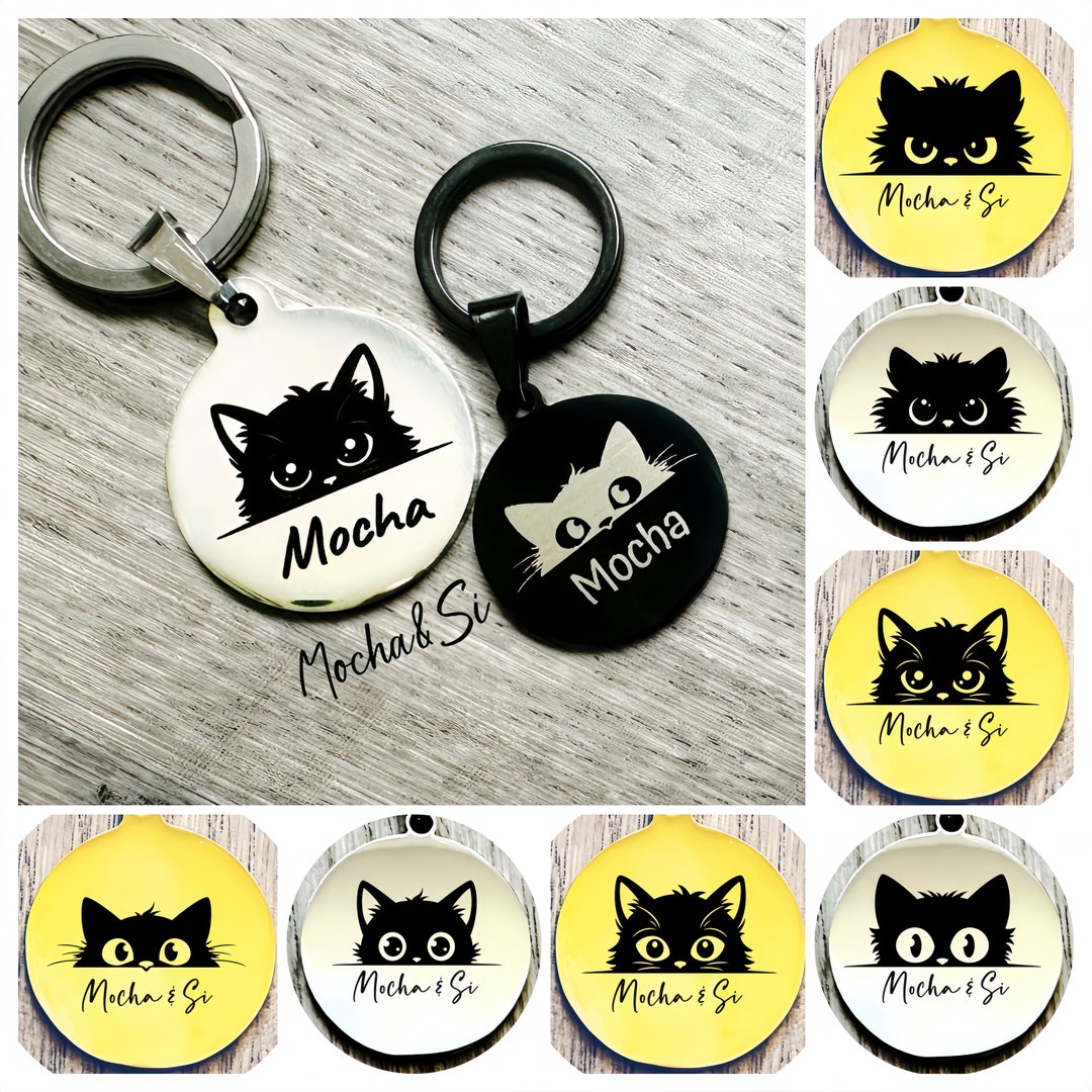 Personalized Engraved Cat Tag, Big Eye Kitten Tag, Cartoon Cat Tag ...