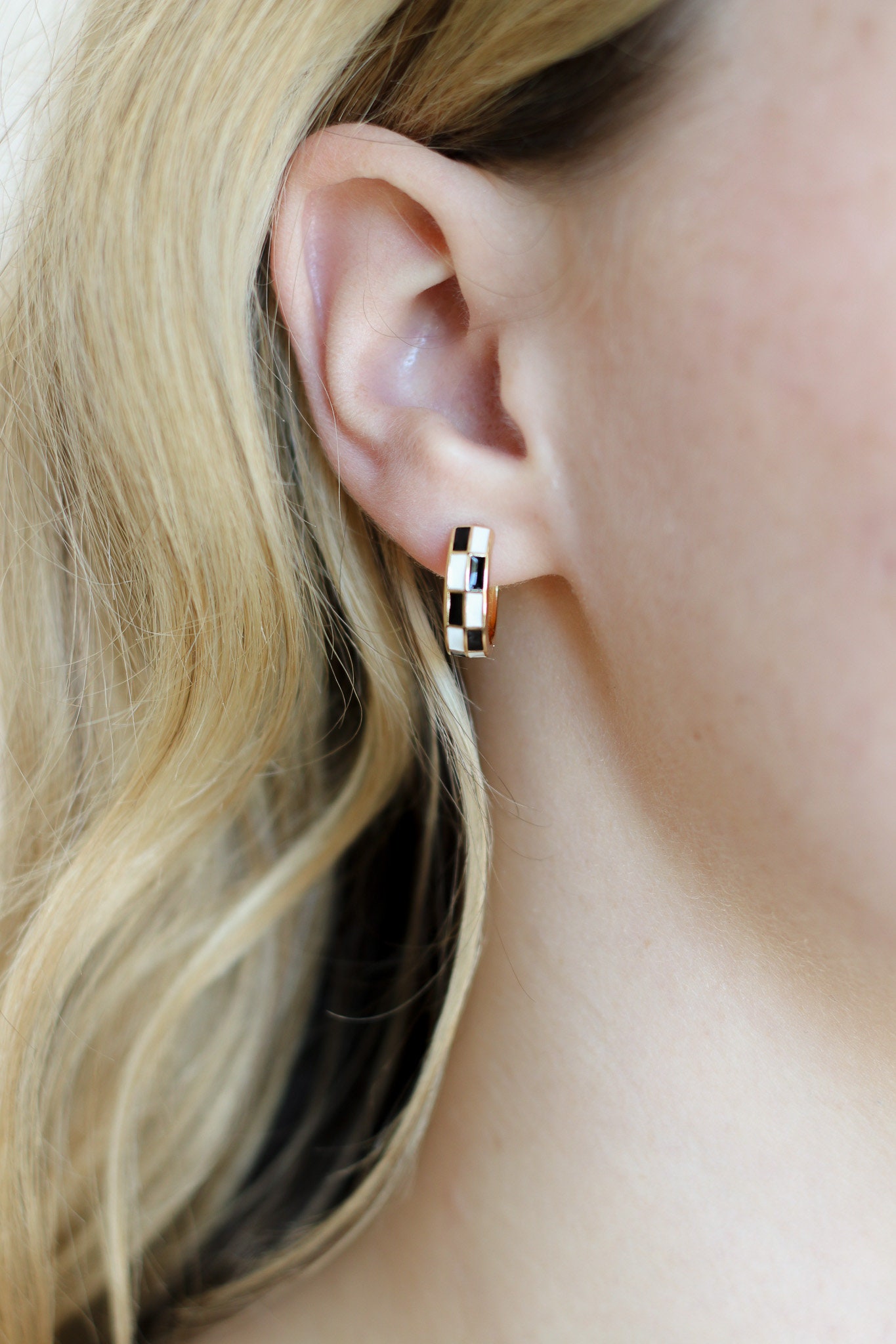 Checkered Hoop Earrings Checkerboard Earrings Black and White Checkered Earrings Checker Pattern ...