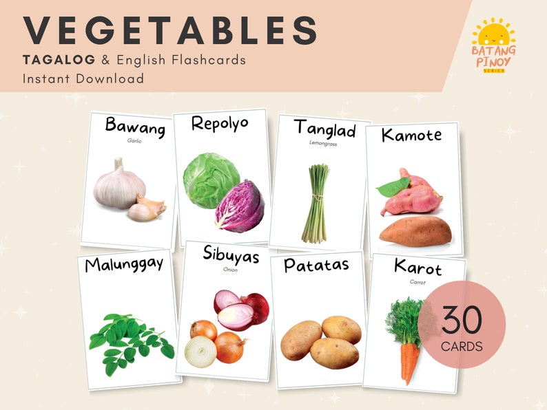 Vegetables TAGALOG Flash Cards With English Translation | Bilingual ...