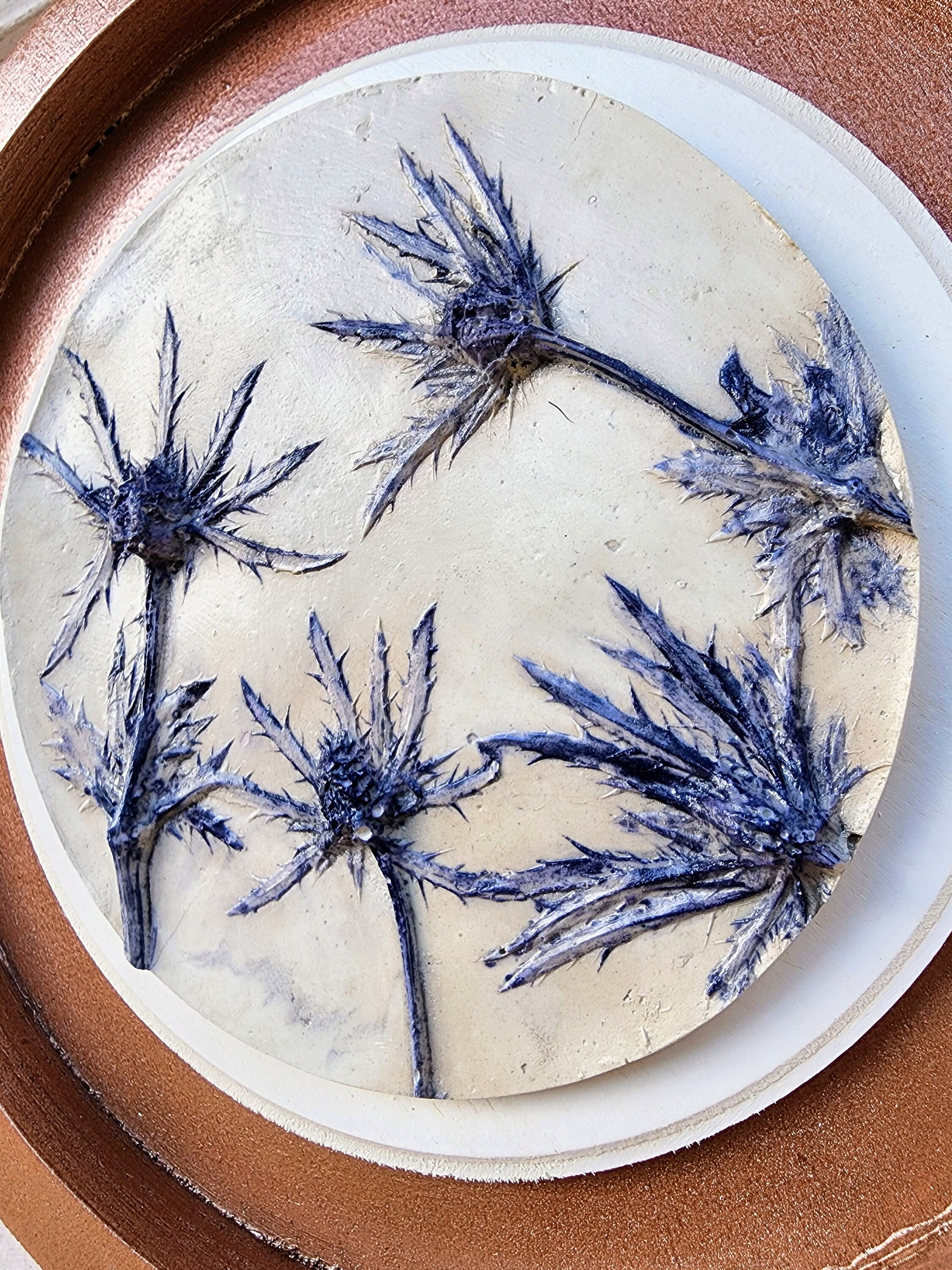 Plaster Bas Relief Artwork of Eryngium Flowers in Purple With Copper ...