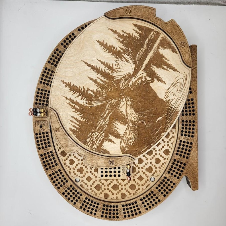 Standing Oval Cribbage Board: 4 Track Birch Wood, Laser Engraved Moose ...