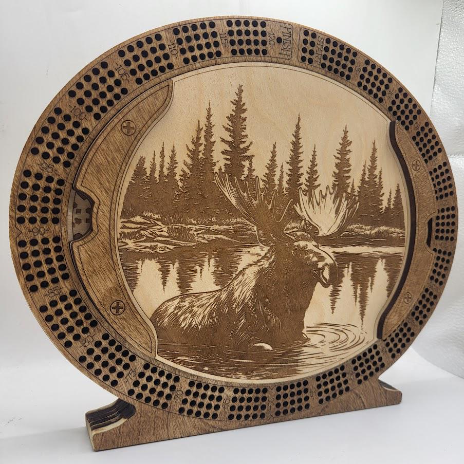 Standing Oval Cribbage Board: 4 Track Birch Wood, Laser Engraved Moose ...