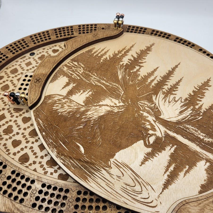 Standing Oval Cribbage Board: 4 Track Birch Wood, Laser Engraved Moose ...