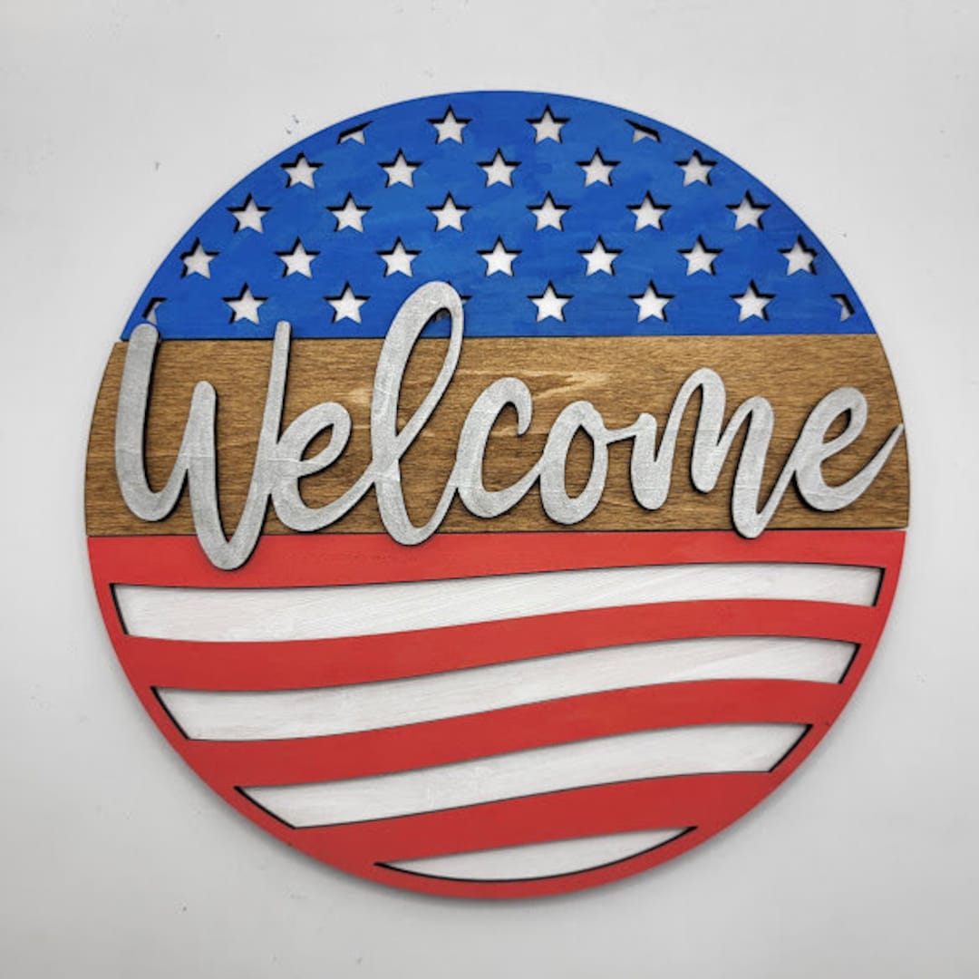 American Flag Welcome Sign, Patriotic Wood Decor (8 Inch) - Etsy