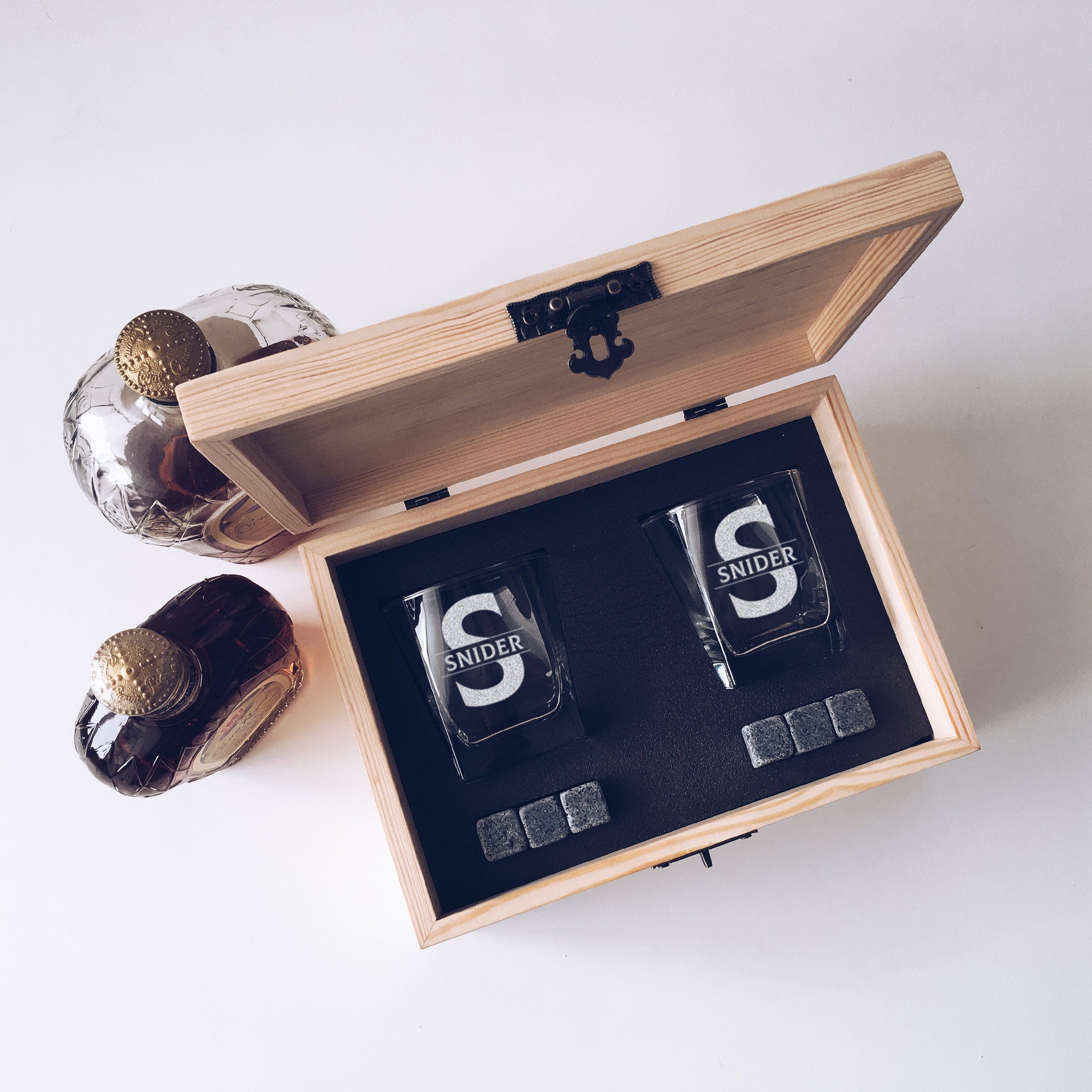 Custom Whiskey Glass Set With Whiskey Stones And Wood Box Etsy