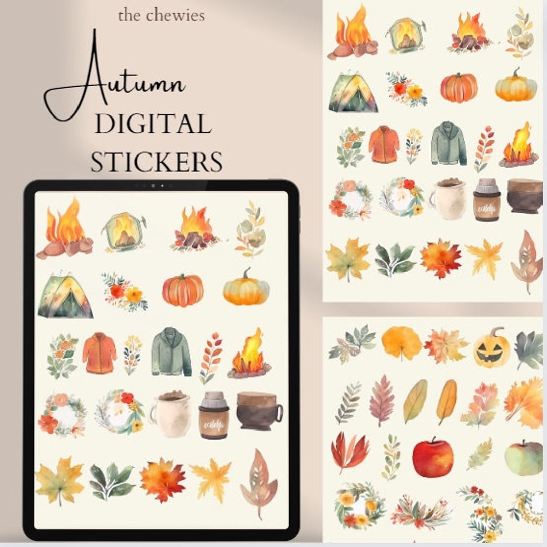 Precropped Digital Stickers Fall Autumn Stickers Book Watercolour ...