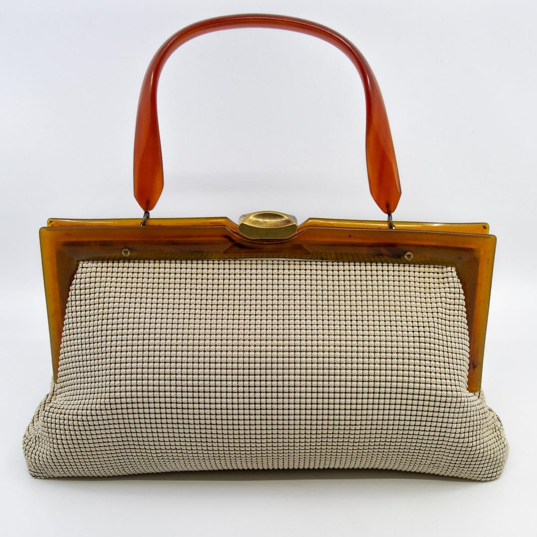 Vintage WHITING & DAVIS Cream and Brown Marle Ladies Top Handle Bag ...