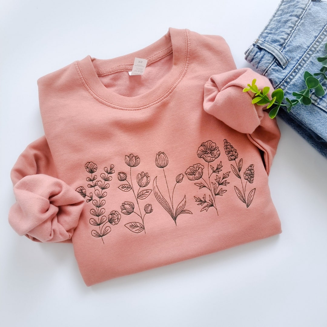 Embroidered Floral Sweatshirt, Plant Lover Sweater, Wildflowers Jumper ...