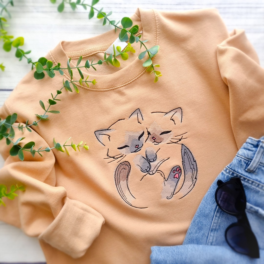 Cats Embroidered Sweatshirt, Cat Lover Jumper, Crewneck Sweatshirt ...