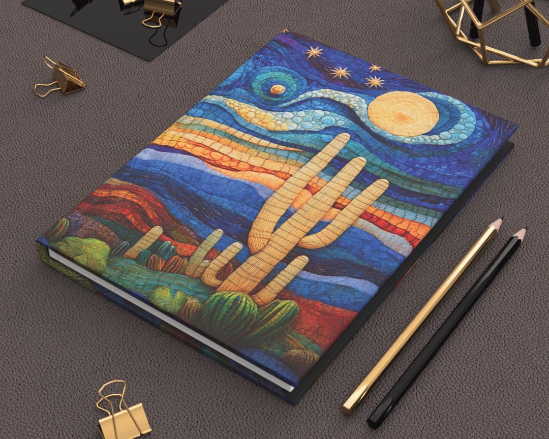 Hardcover Journal, Van Gogh Style Starry Night Watercolor Desert Arizona Saguaro Cacti Landscape ...