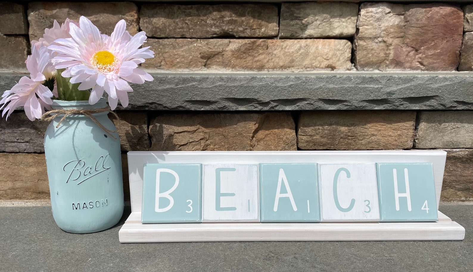 BEACH Sign Large Scrabble Tiles With Wood Holder Mothers - Etsy