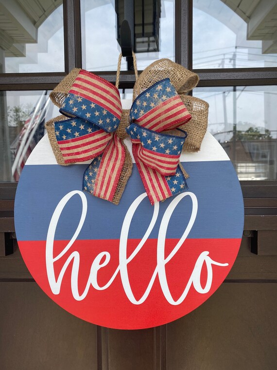 Patriotic Hello Wooden Sign patriotic hello Summer Welcome | Etsy