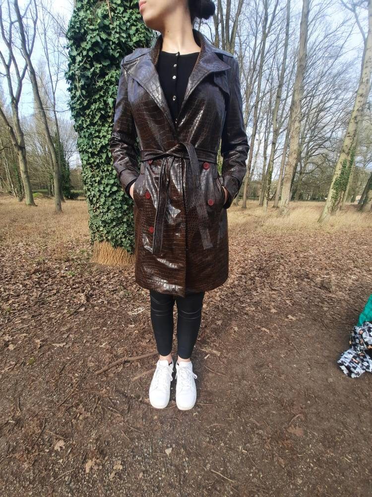 Vintage Crocodile Style Vinyl Coat, Vintage Dark Brown Pleather Trench ...