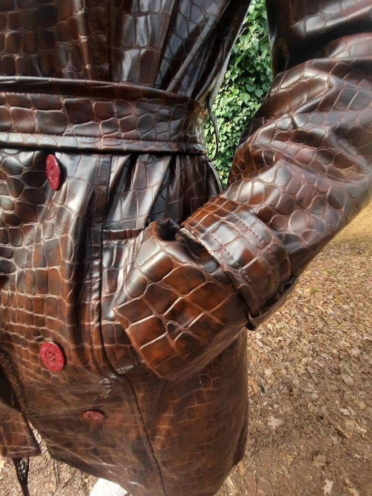 Vintage Crocodile Style Vinyl Coat, Vintage Dark Brown Pleather Trench ...