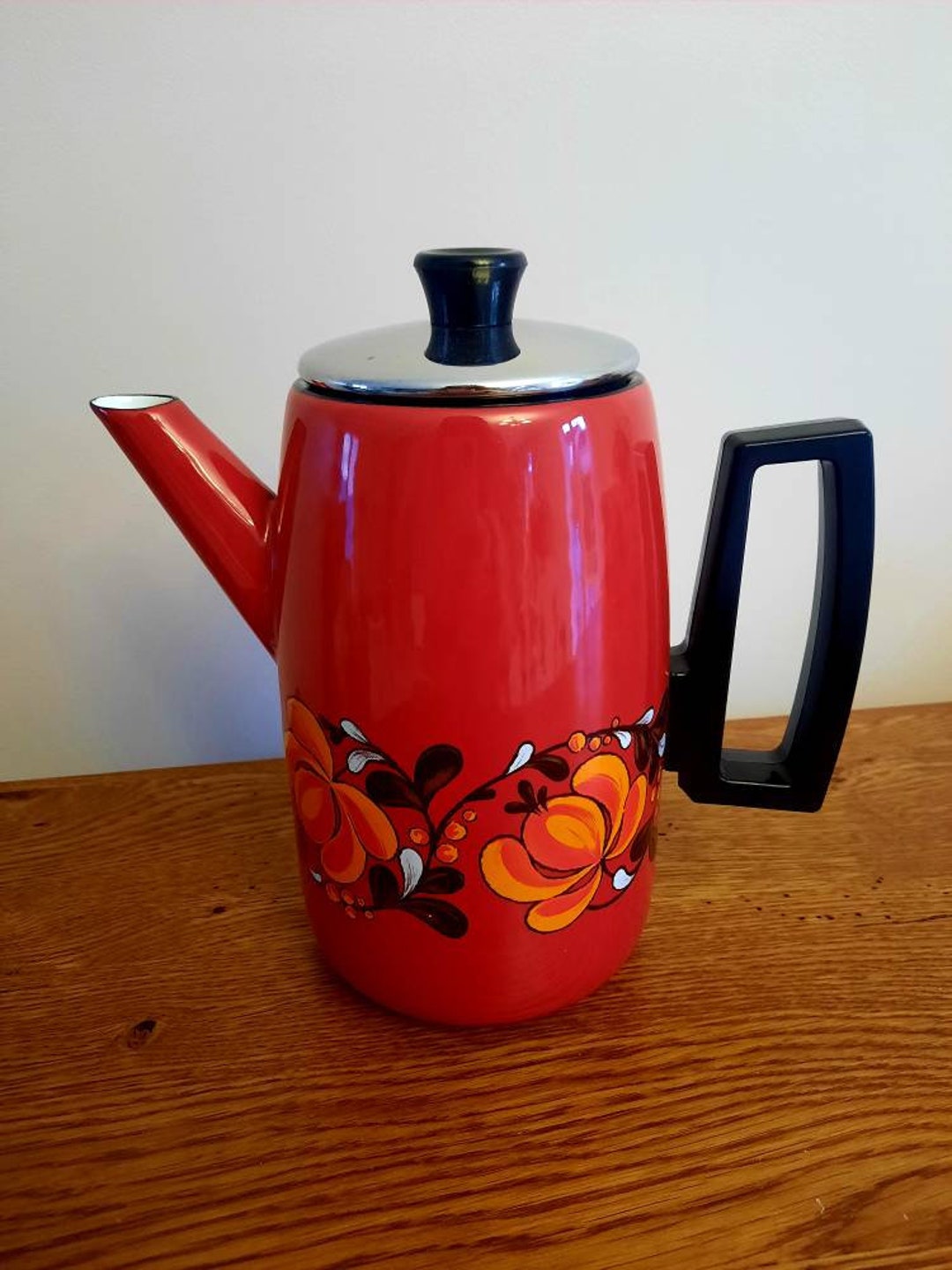 Vintage Coffee Pot, French Enamel Coffee Pot, Bright Red French Aubecq ...