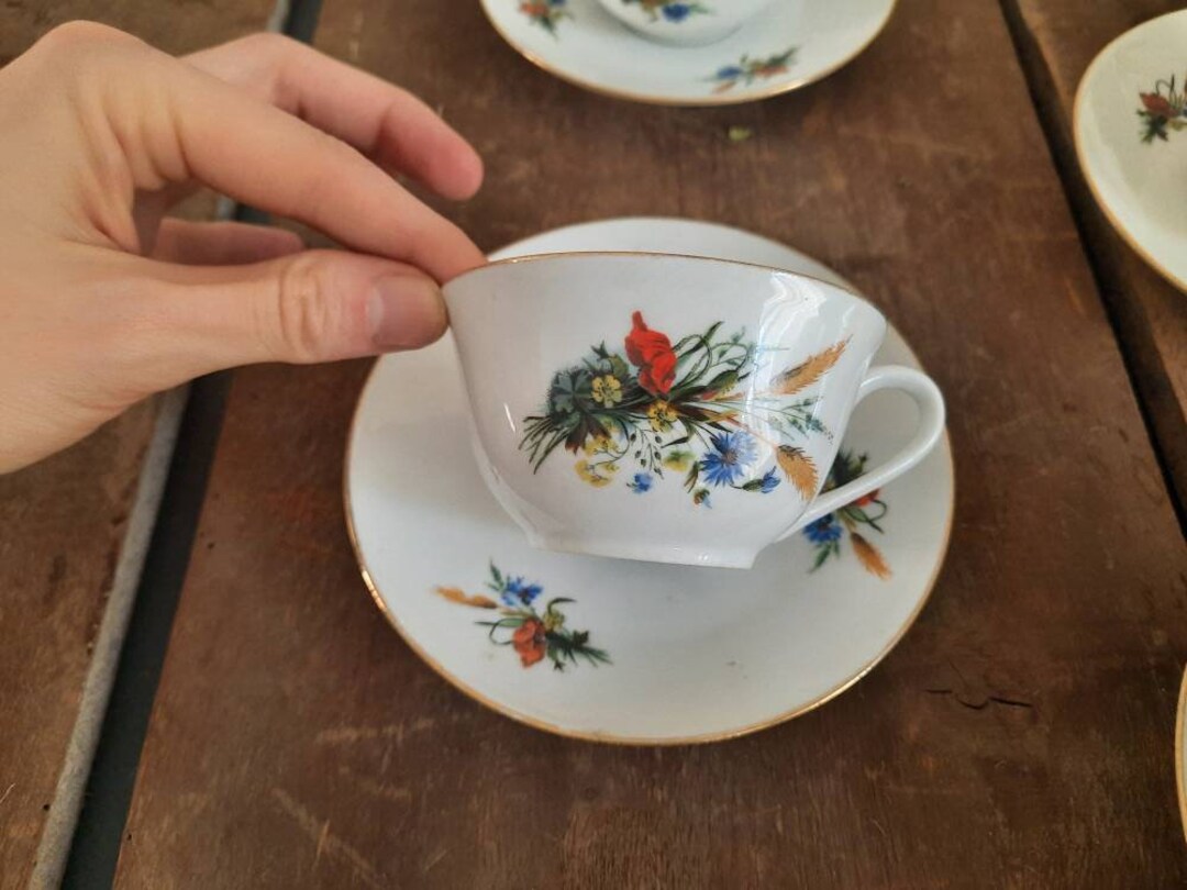 Porcelain Tea Cups, Vintage France, Louis Lourioux, Poppies and Wheat ...